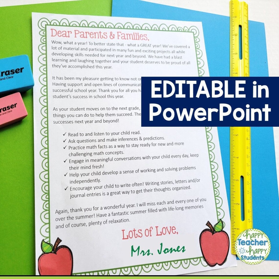 EDITABLE End of Year Letter to Students and Parents (color & Black ...