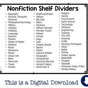 Nonfiction AND Fiction Library Shelf Dividers Classroom - Etsy