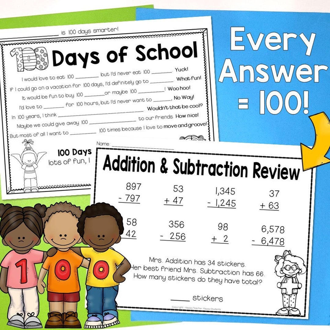 Printable 100 Days of School Math (all Answers = 100) & 100th Day of ...