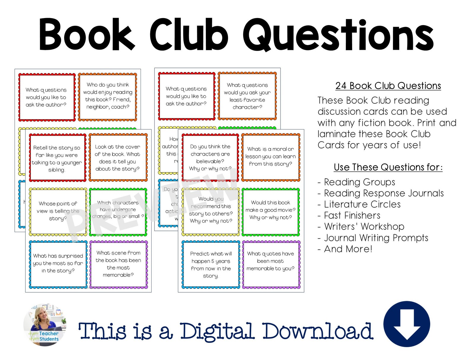 Printable Book Club Question Cards: 24 Book Club Discussion Questions ...