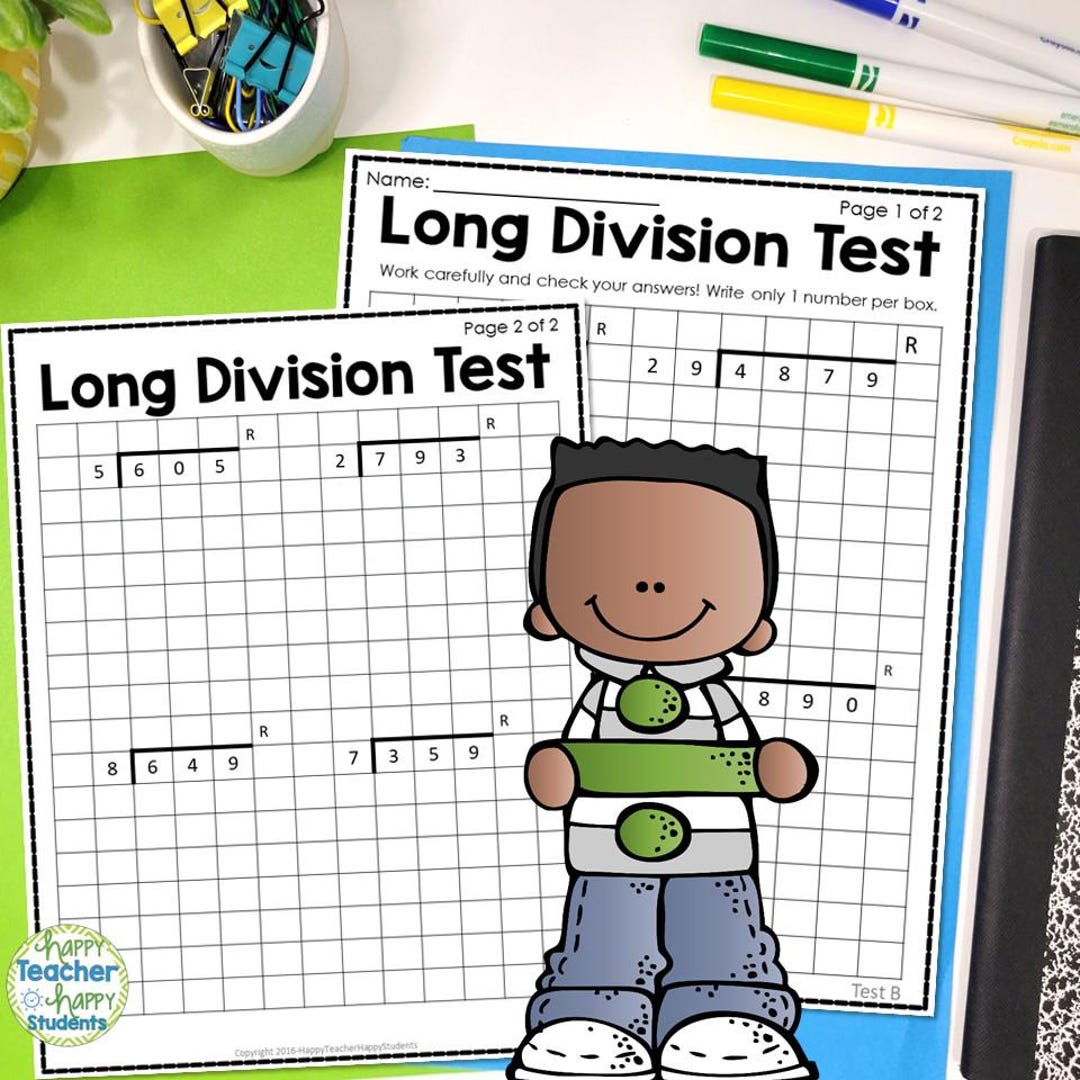 Long Division Quizzes/long Division Tests: 3 & 4 Digit Problems, Two ...