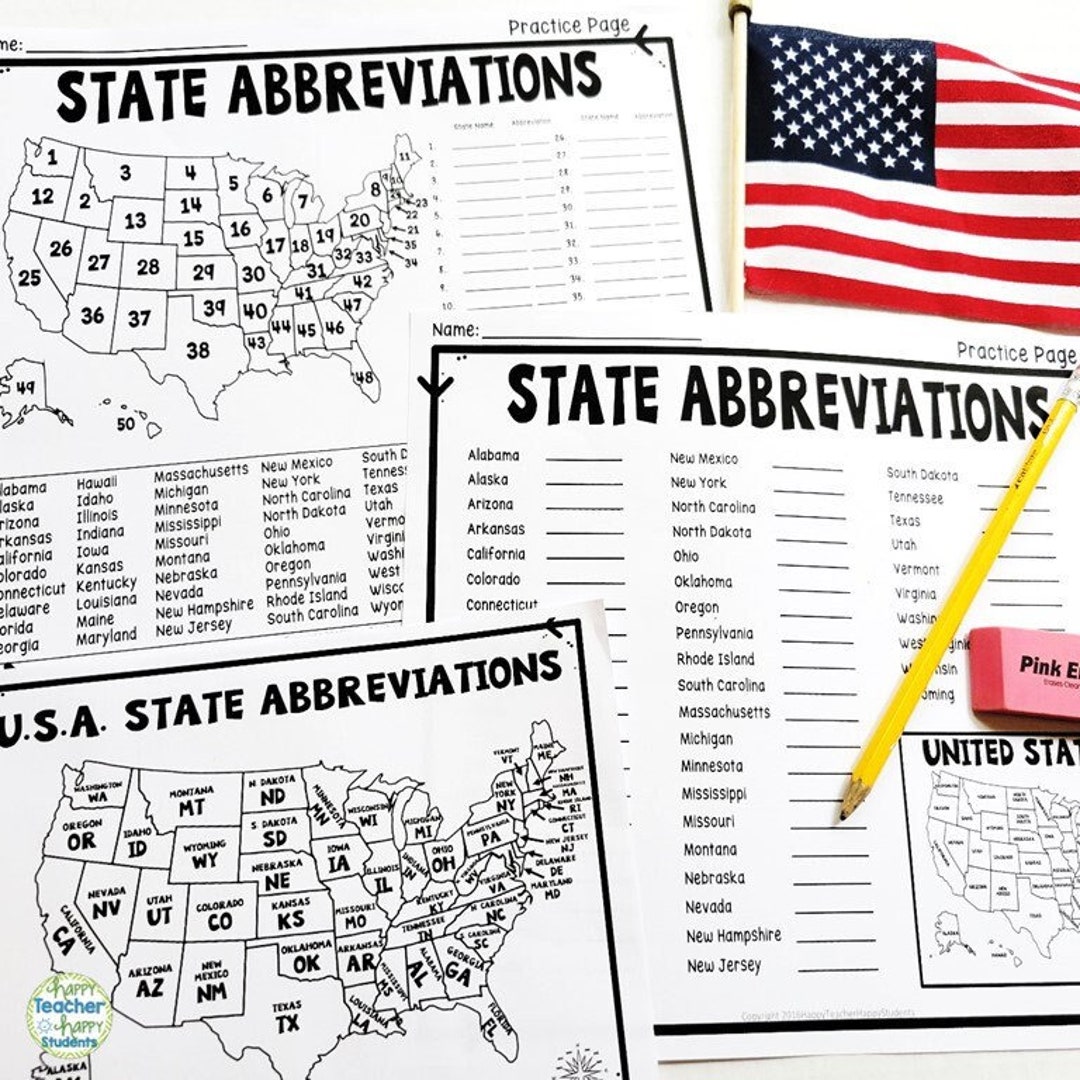 State Abbreviations: Maps, Worksheet & Quiz test With 2 Difficulty ...