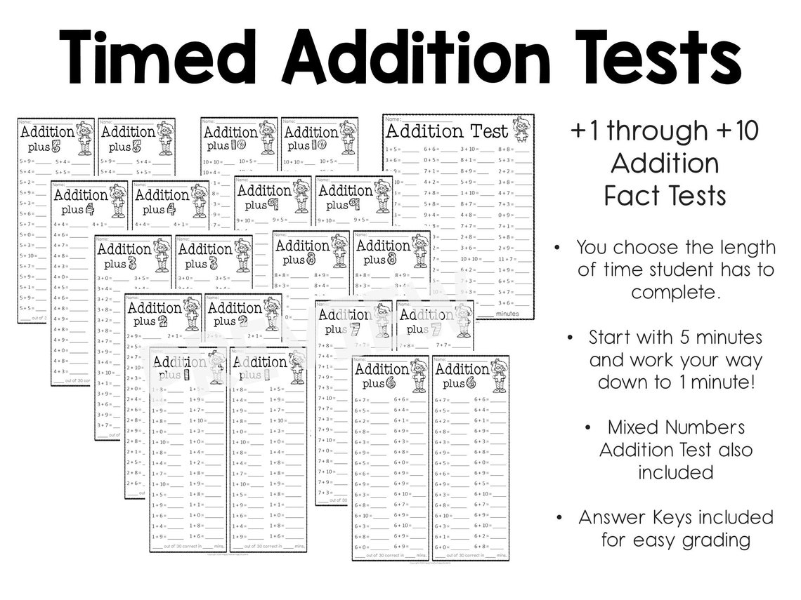 Addition Facts Timed Tests +1 - +10, Addition Timed Tests, Addition ...