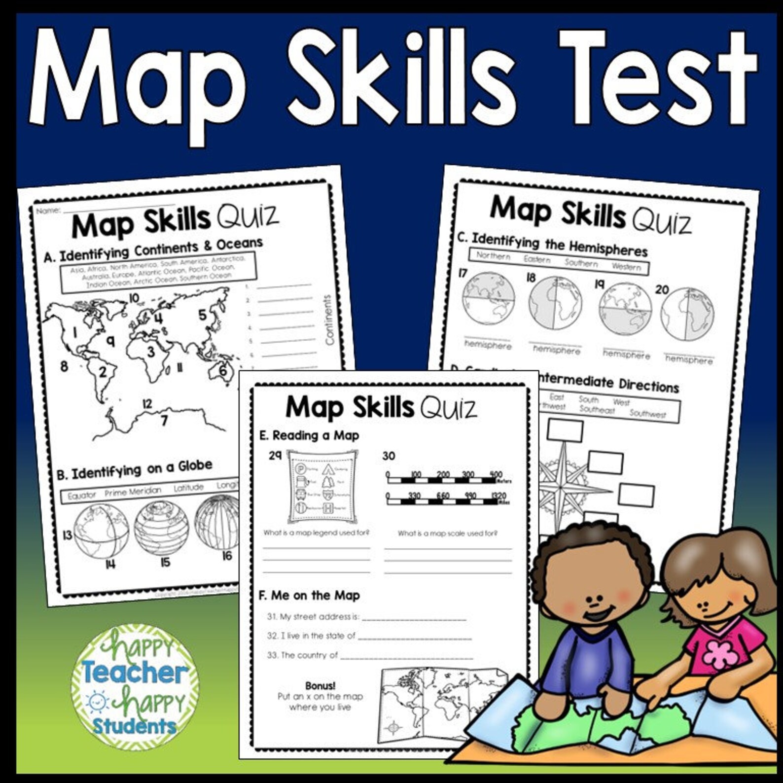 Map Skills Test | 3-page Mapping Skills Quiz With Answer Key ...