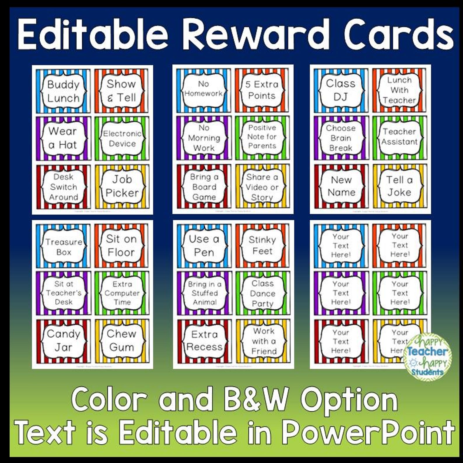 Classroom Reward Cards | 30 EDITABLE Reward Cards | Color & Blackline ...