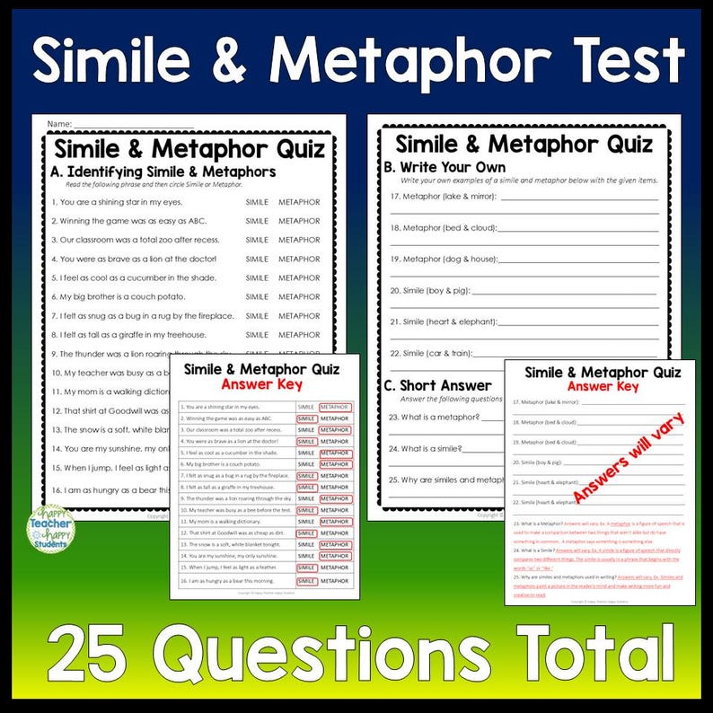 Simile and Metaphor Quiz: 2-page Figurative Language Test (digital ...