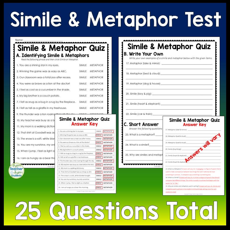 Simile and Metaphor Quiz: 2-page Figurative Language Test (digital ...