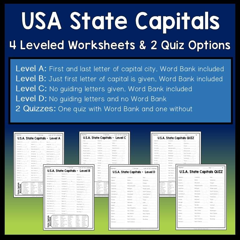 USA State Capitals Worksheets & Quizzes (digital Download) US State ...