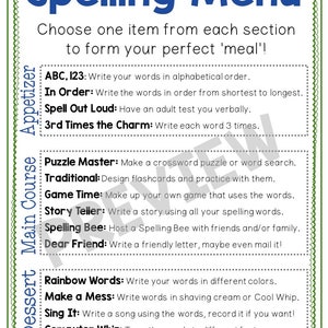 Spelling Menu Printable | Students Pick 3 Spelling Activities From ...