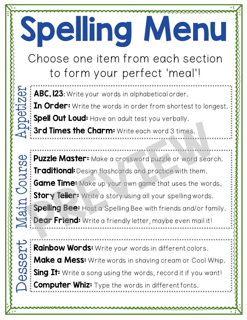 Spelling Menu Printable | Students Pick 3 Spelling Activities From ...