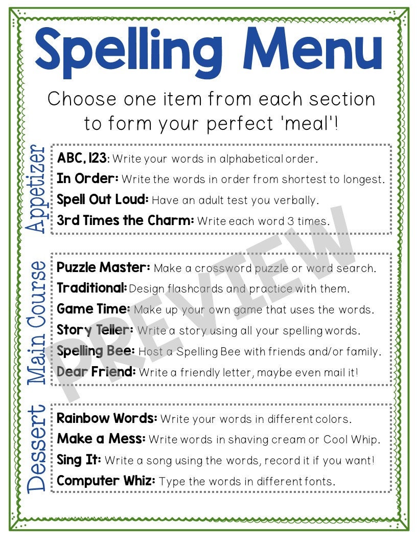 Spelling Menu Printable | Students Pick 3 Spelling Activities From ...