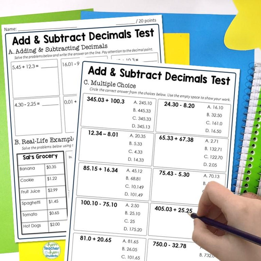 Adding and Subtracting Decimals Test | 2-page Add and Subtract Decimals ...