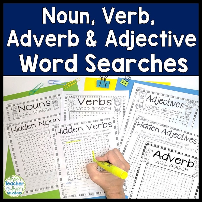 Noun, Verb, Adjective and Adjective Word Search: 8 Parts of Speech Word ...