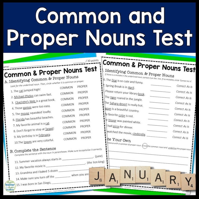 Common and Proper Nouns Quiz: 2-page Test With Answer Key (digital ...