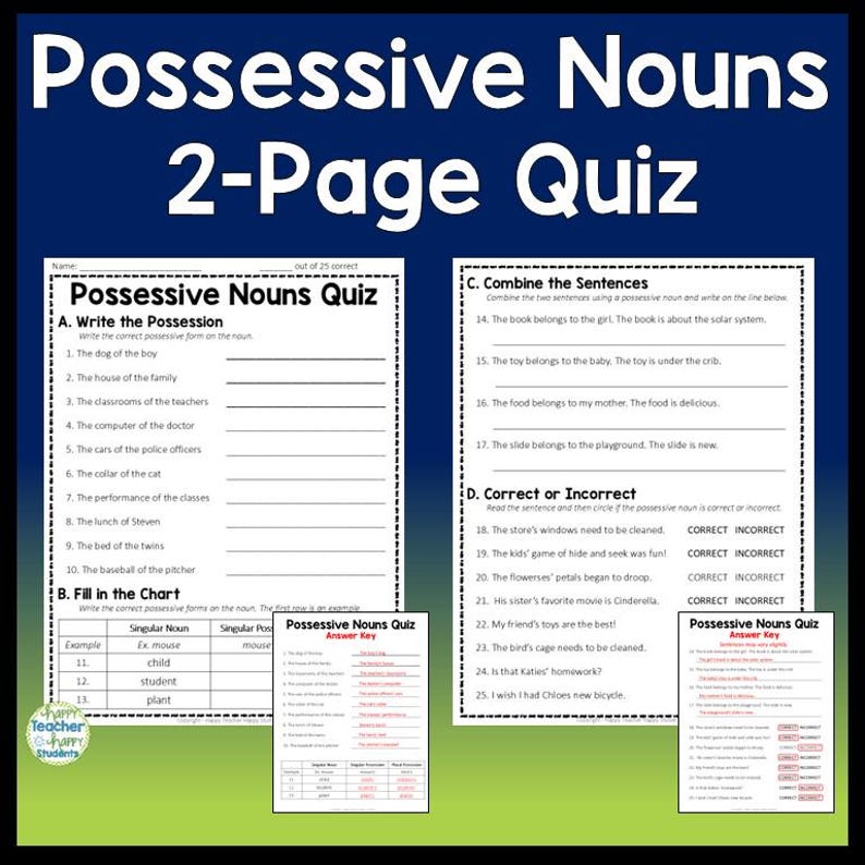 Singular and Plural Possessive Nouns Test, 2-page Possessive Nouns Quiz ...