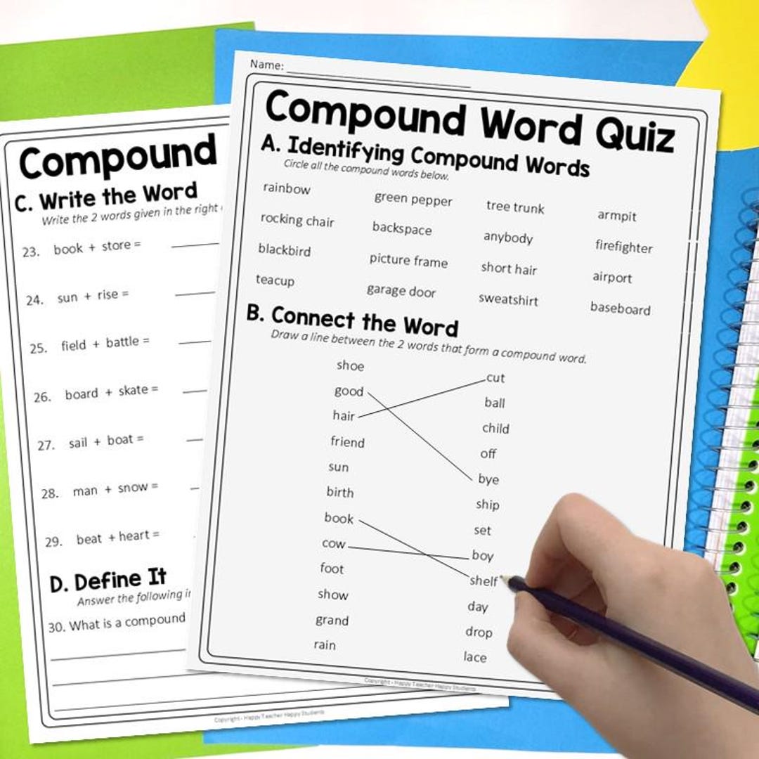 Compound Words Quiz: 2-page Compound Words Test With Answer Key ...