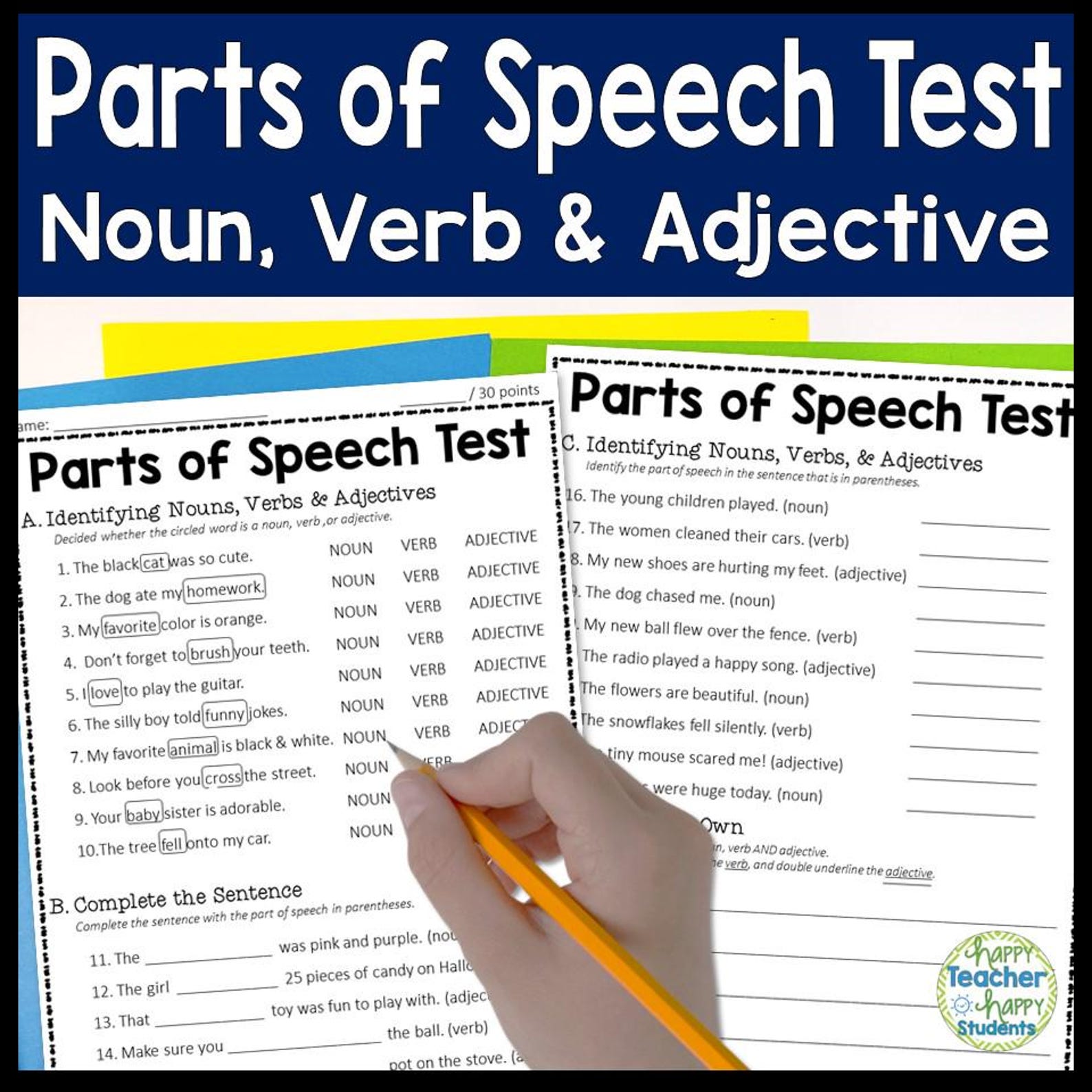 Parts of Speech Test: Nouns, Verbs & Adjectives Quiz (PDF Download) - Etsy