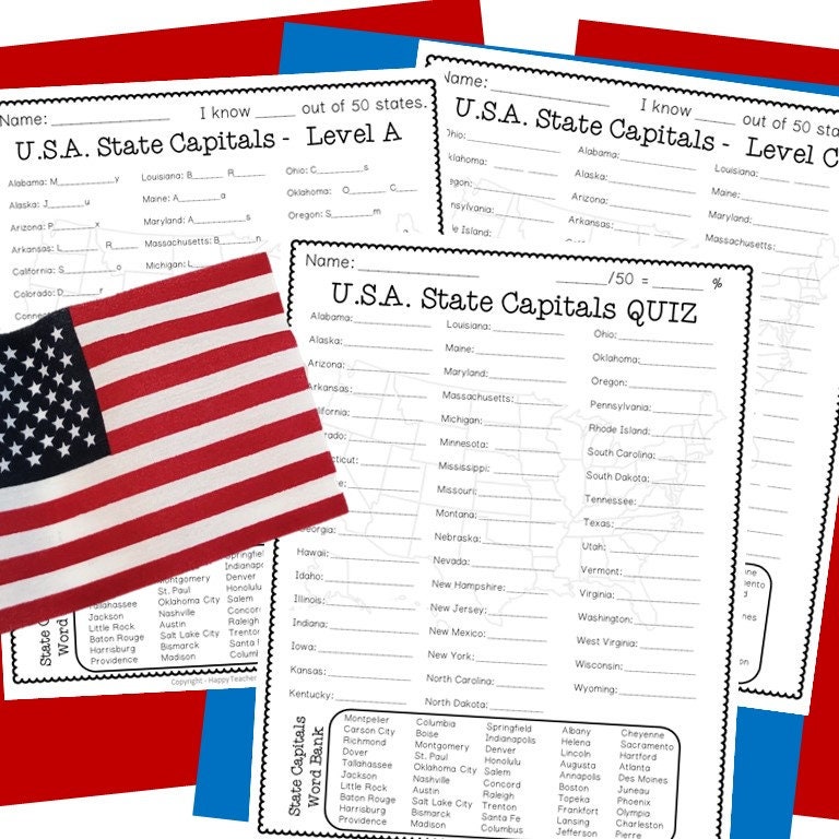 State Capitals 4 Worksheets & 2 Quizzes USA States and Capitals ...