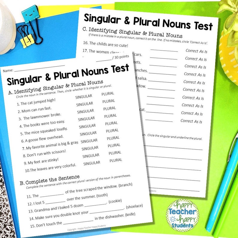 Singular & Plural Nouns Test: 2-page Singular and Plural Noun Quiz W ...