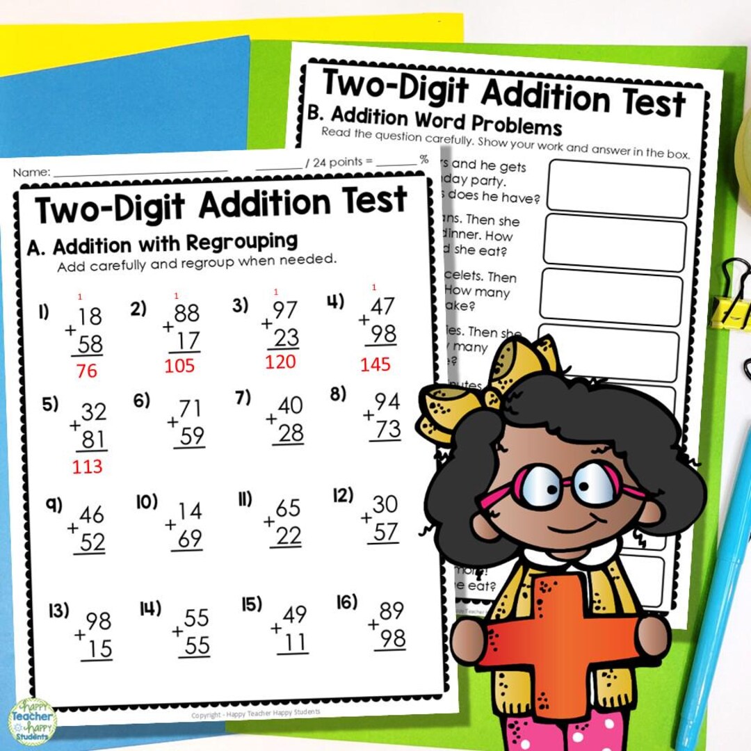 Two Digit Addition Test | 2 Digit Addition W Regrouping Quiz | Add ...