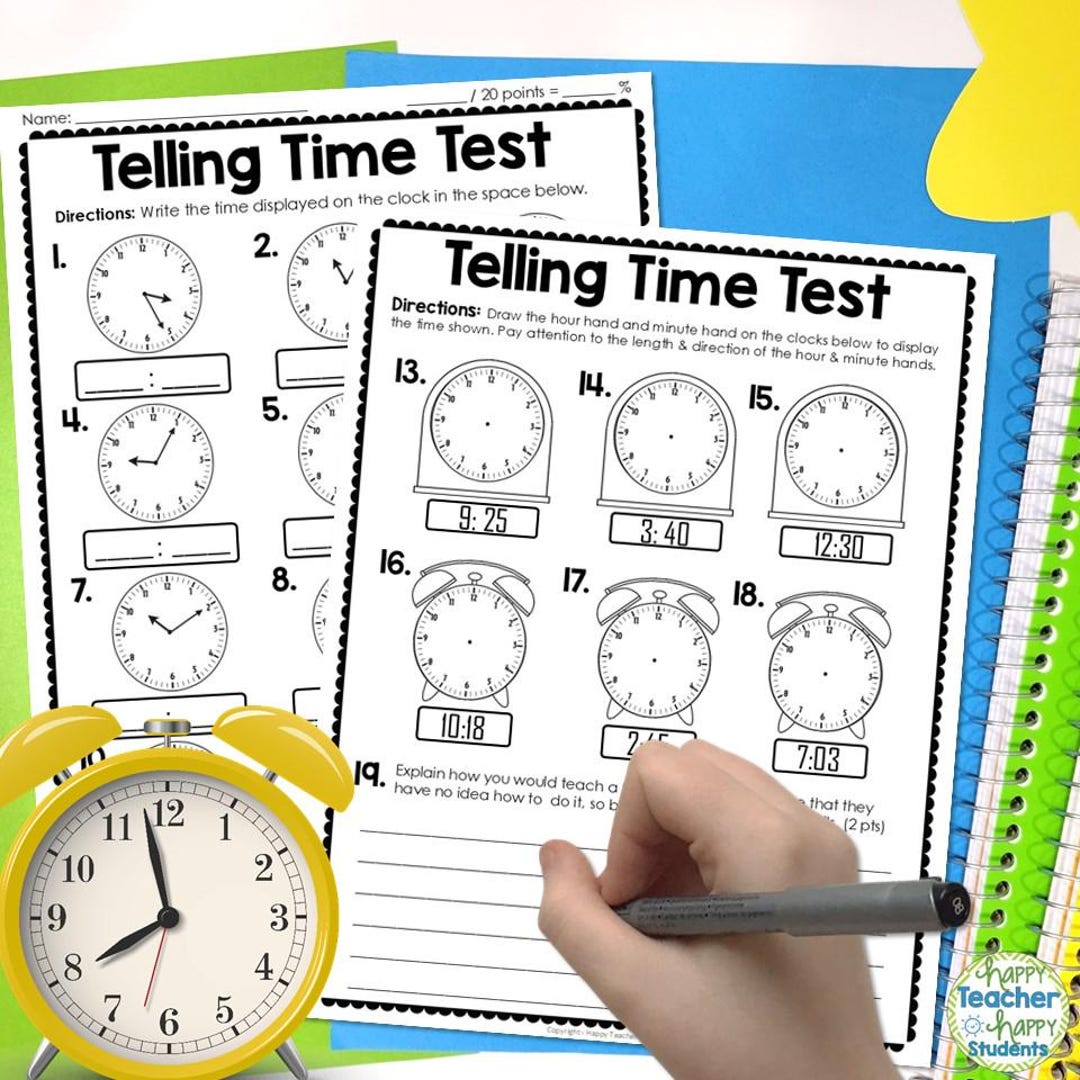 Telling Time Test | 2 Page Telling Time to the Minute Quiz W/ Answer ...