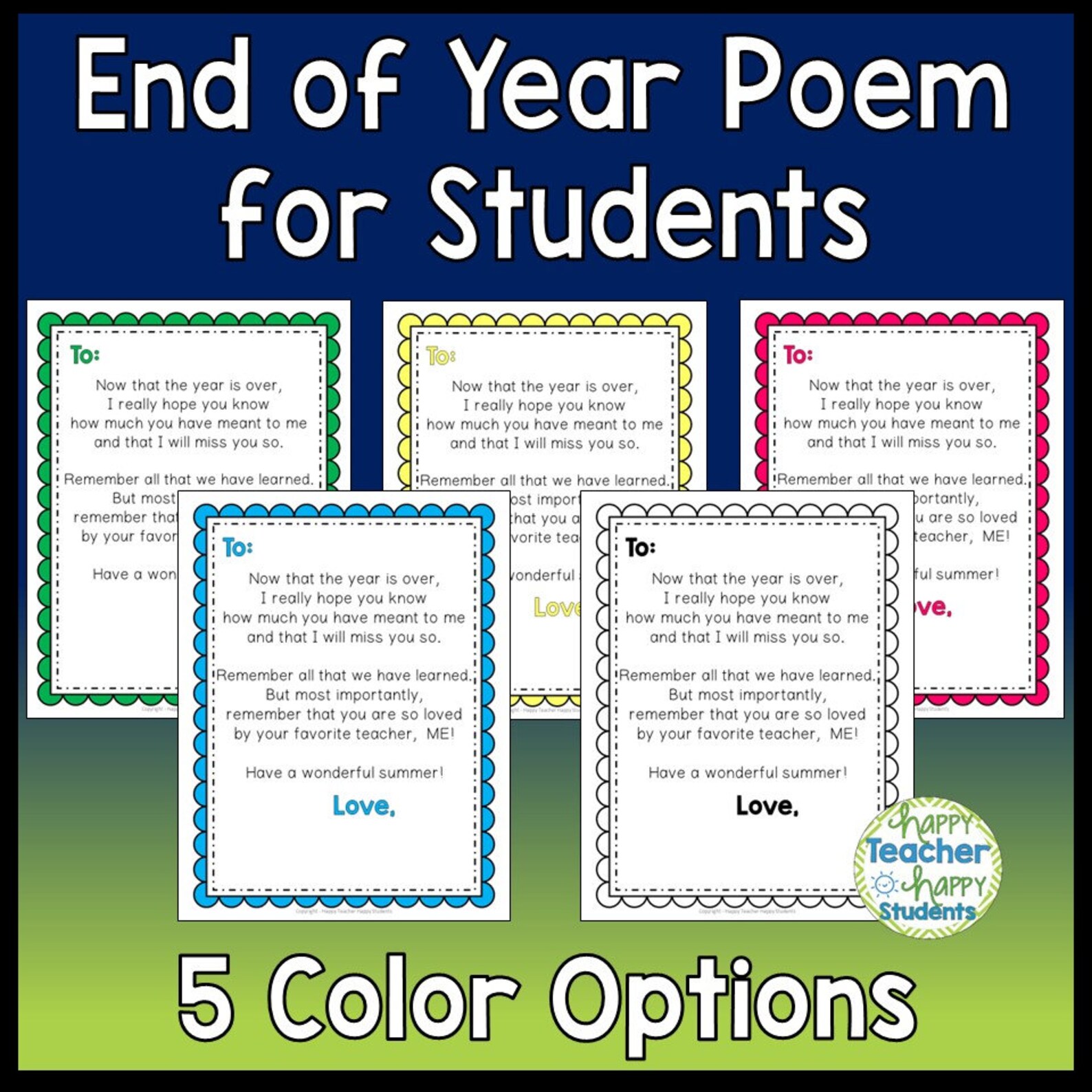 End of Year Student Letter: Teacher Poem, 5 Color Options (digital ...