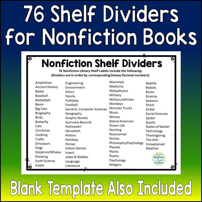Nonfiction Library Shelf Dividers 76 Shelf Labels for Nonfiction Books ...