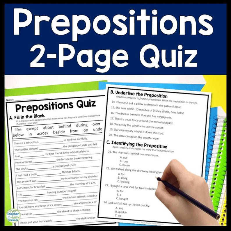 Prepositions Quiz | 2 Page Prepositions Test With Answer Key (digital ...