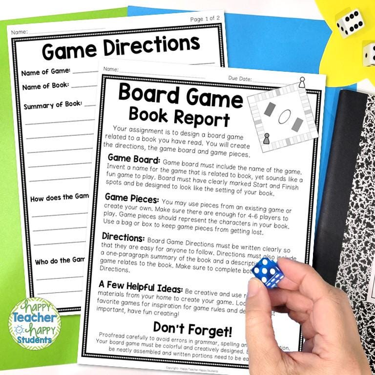 Board Game Book Report Template: Make a Game From a Fiction Book, Book ...