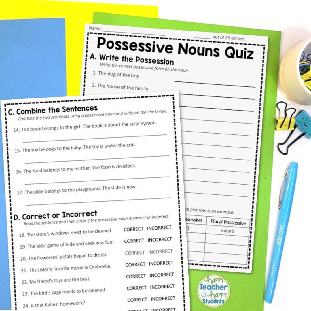Singular and Plural Possessive Nouns Test, 2-page Possessive Nouns Quiz ...