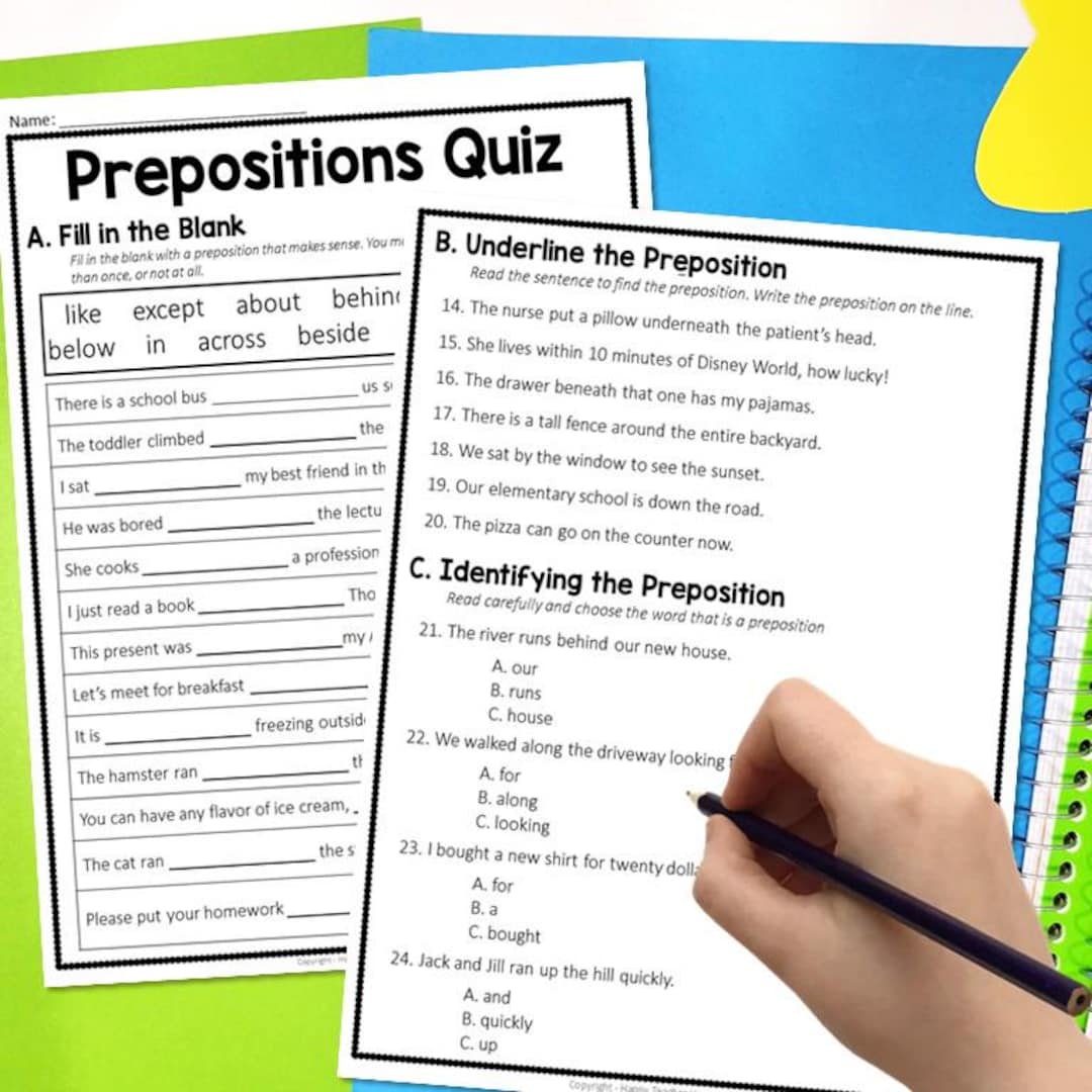 Prepositions Quiz | 2 Page Prepositions Test With Answer Key (digital ...