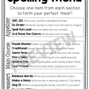 Spelling Menu Printable | Students Pick 3 Spelling Activities From ...