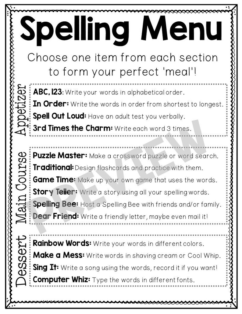 Spelling Menu Printable | Students Pick 3 Spelling Activities From ...