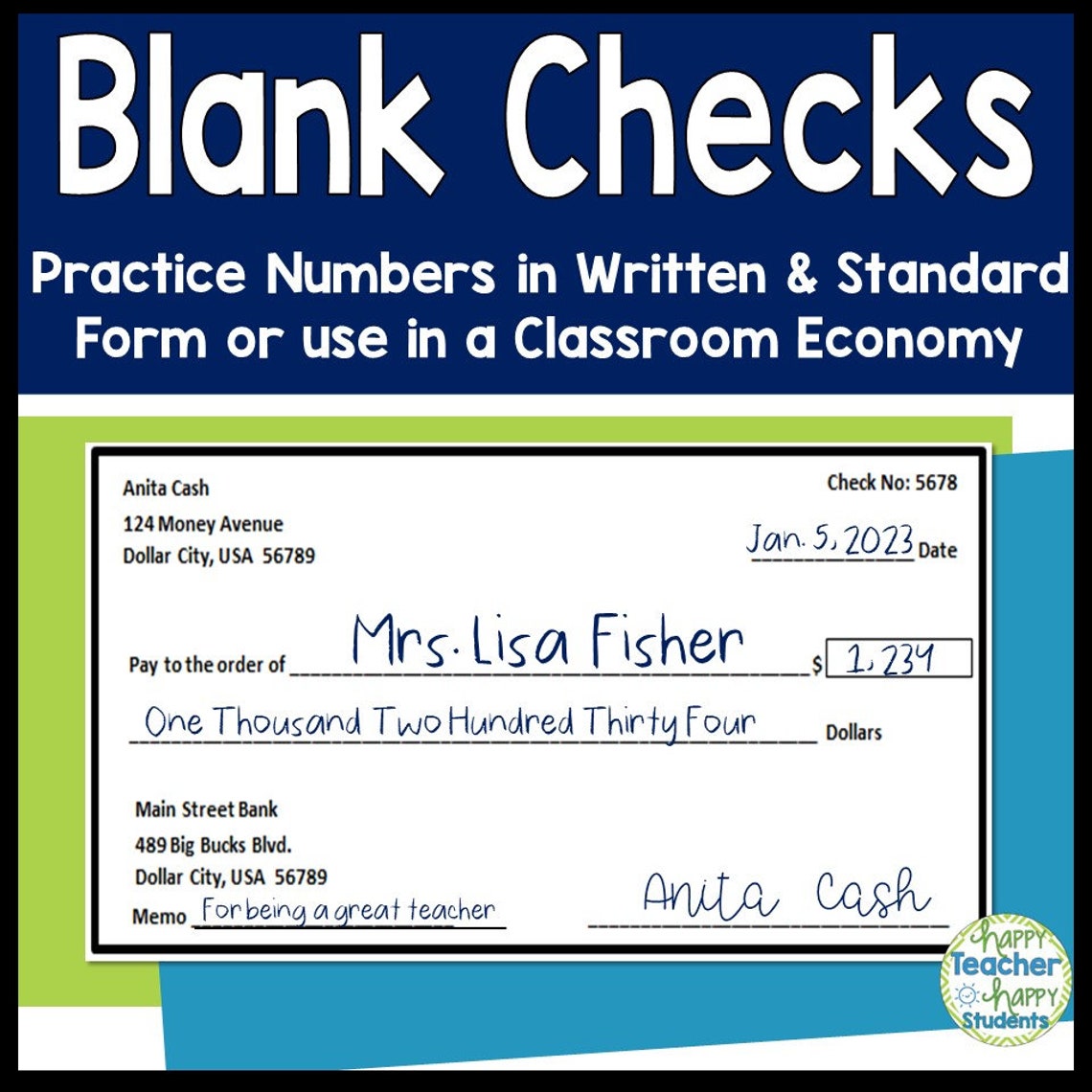 Blank Checks Templates Use for Writing Large Numbers or in a Classroom ...
