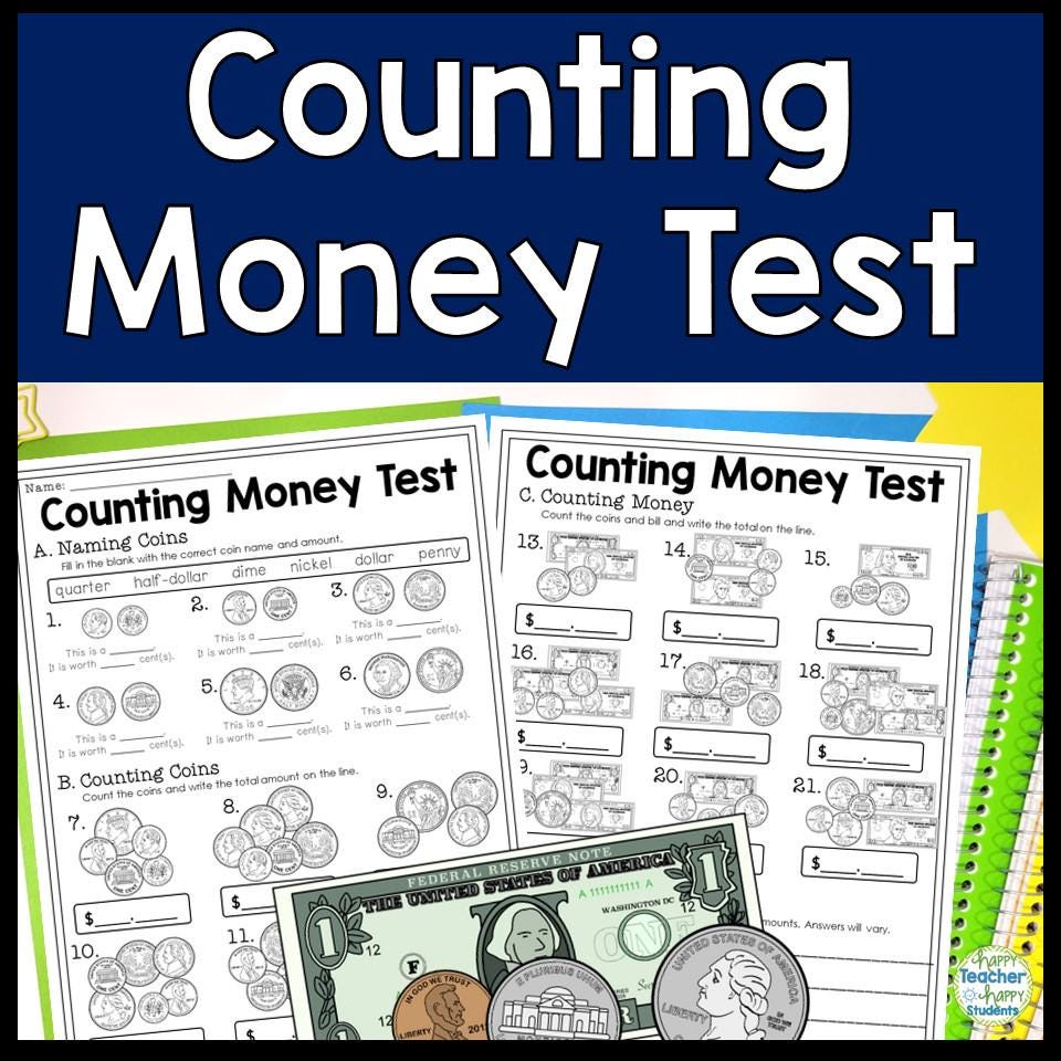 Counting Money Test, Counting Coins and Bills Quiz, 2 Pages W/ Answer ...