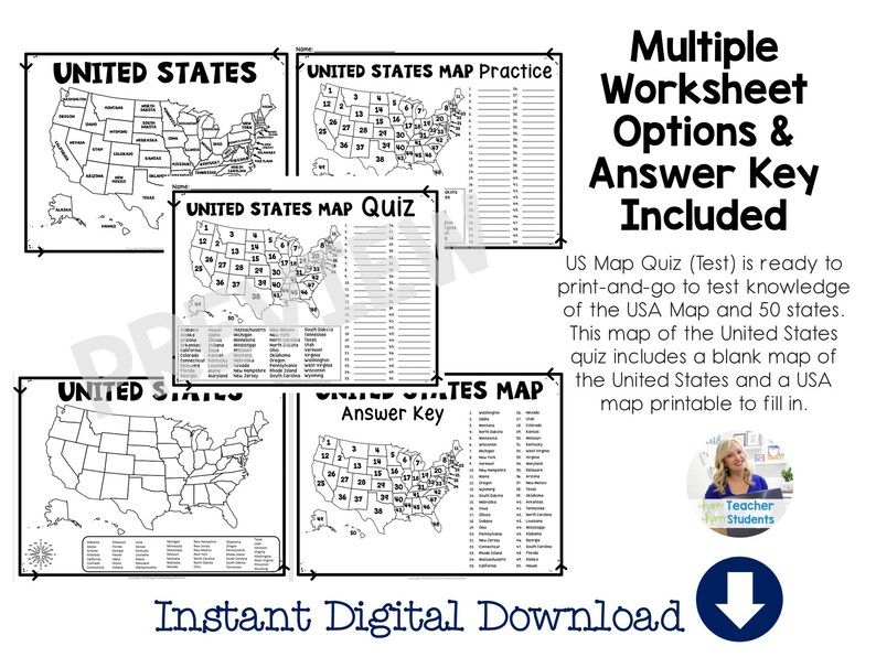 USA Map Quiz & Worksheet: 50 States Practice Sheet (digital Download ...