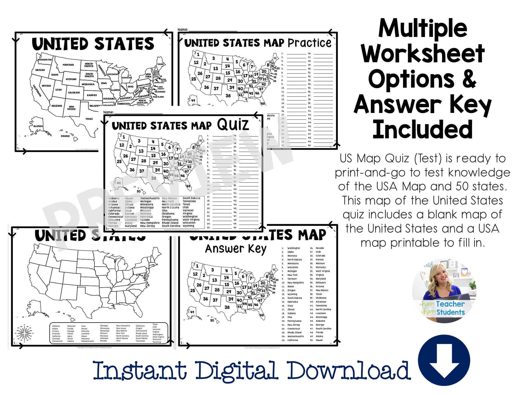 USA Map Quiz & Worksheet: 50 States Practice Sheet (digital Download ...