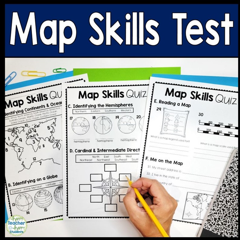 Map Skills Test | 3-page Mapping Skills Quiz With Answer Key ...