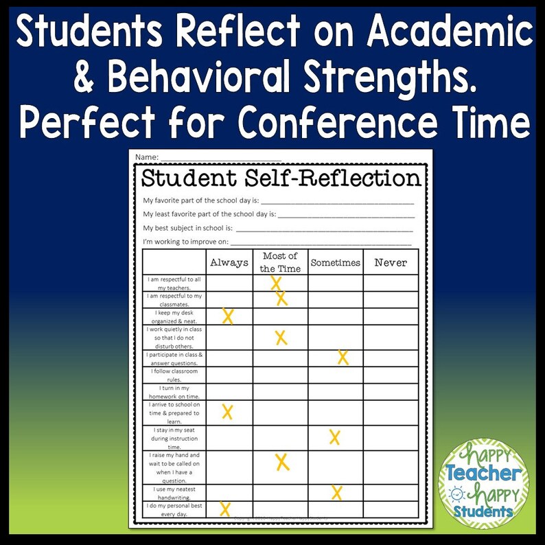 Student Self Reflection Assessment: Student Self Evaluation Form for ...