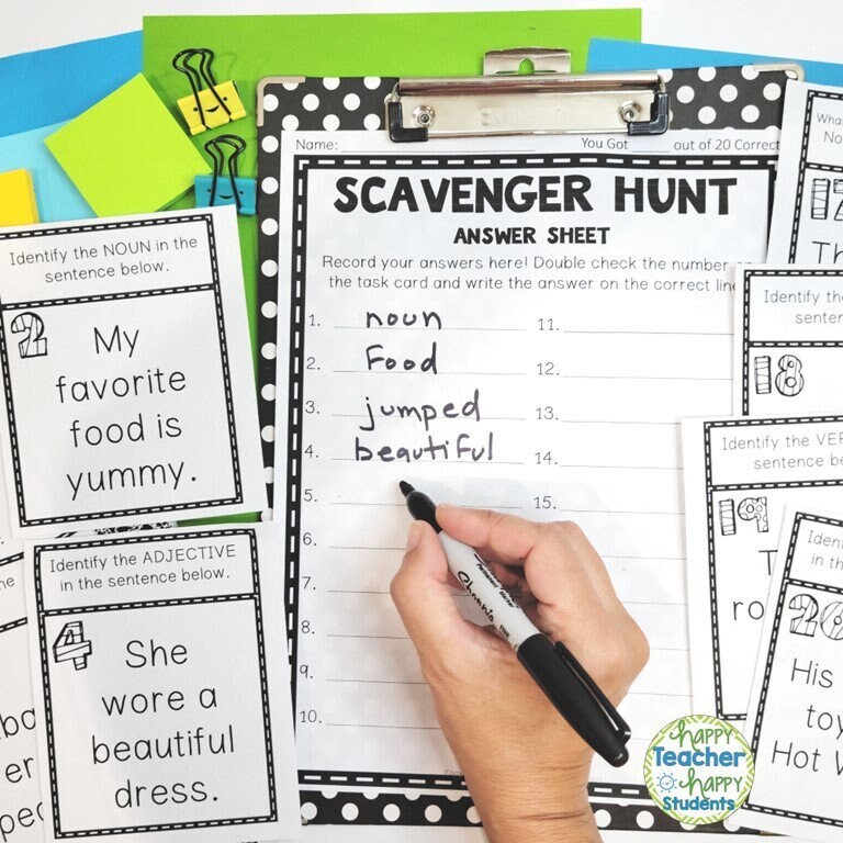 Parts of Speech Scavenger Hunt Activity, 20 Noun, Verb and Adjective ...