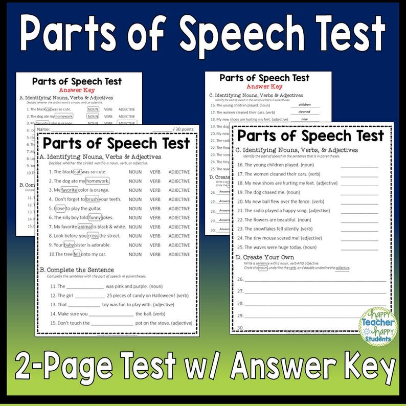 Parts of Speech Test: Nouns, Verbs & Adjectives Quiz (PDF Download) - Etsy