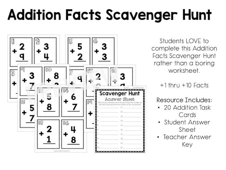 Addition Scavenger Hunt: 20 Single Digit Addition Facts Scavenger Hunt ...