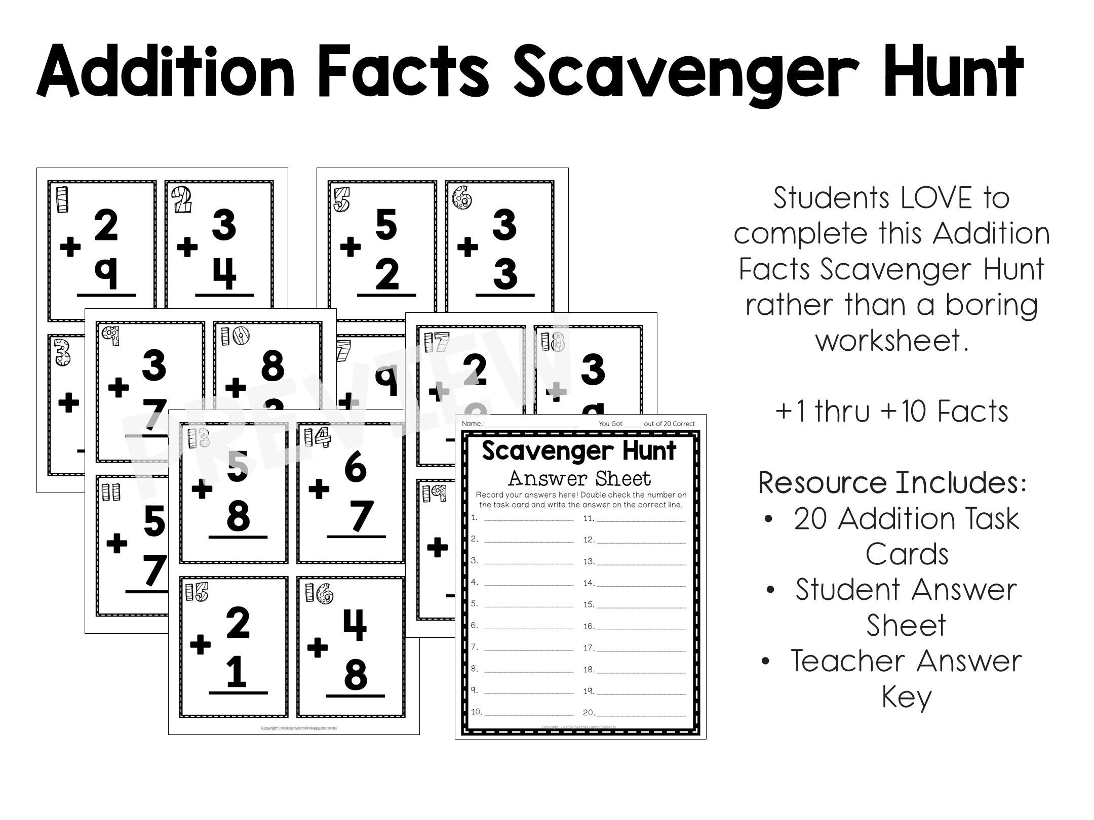 Addition Scavenger Hunt: 20 Single Digit Addition Facts Scavenger Hunt ...
