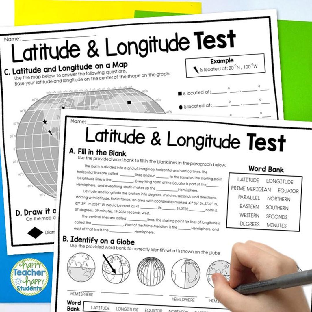 Latitude and Longitude Quiz | Longitude and Latitude Test | 2 Page Test ...