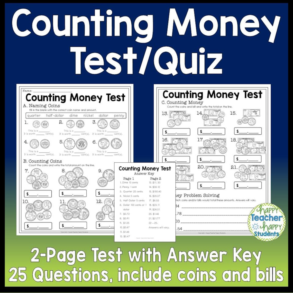 Counting Money Test, Counting Coins and Bills Quiz, 2 Pages W/ Answer ...