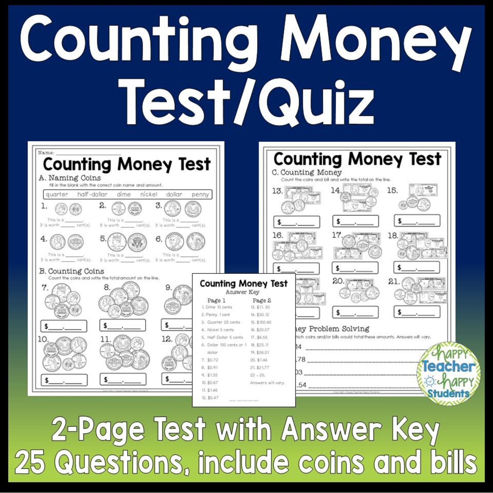 Counting Money Test, Counting Coins and Bills Quiz, 2 Pages W/ Answer ...