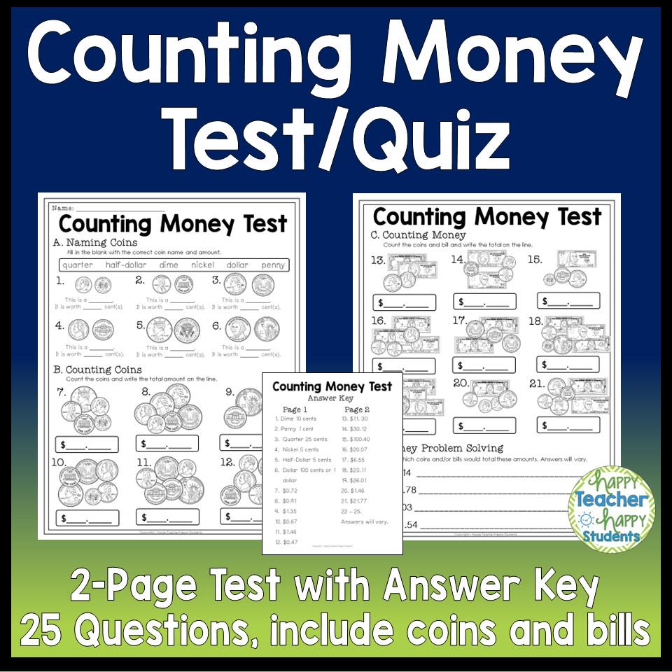 Counting Money Test, Counting Coins and Bills Quiz, 2 Pages W/ Answer ...