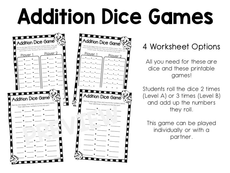 Addition Game 4 Worksheets Addition Game Printable, Addition Worksheets ...