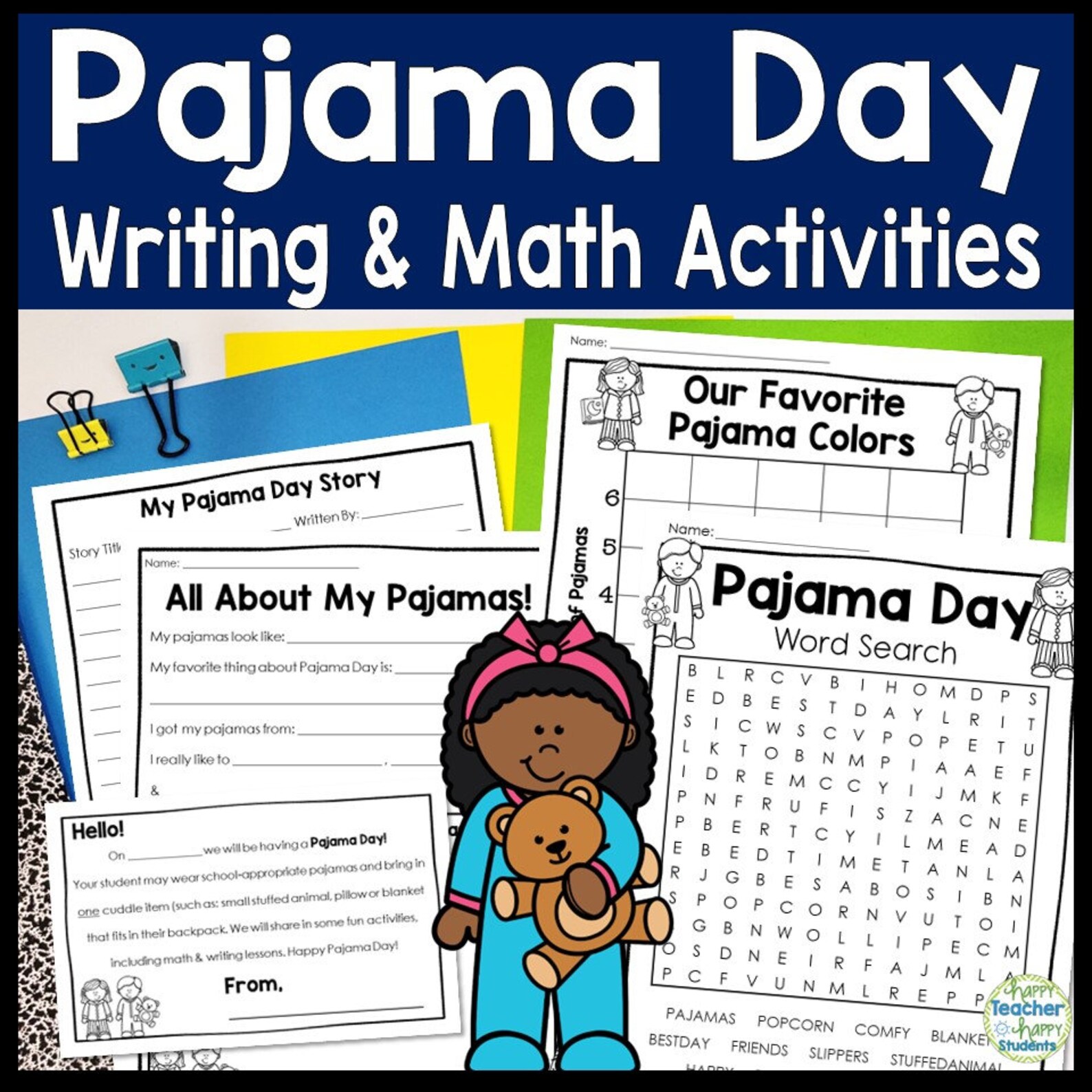 Pajama Day Activities | Pajama Day Party | Word Search, Writing & Math ...