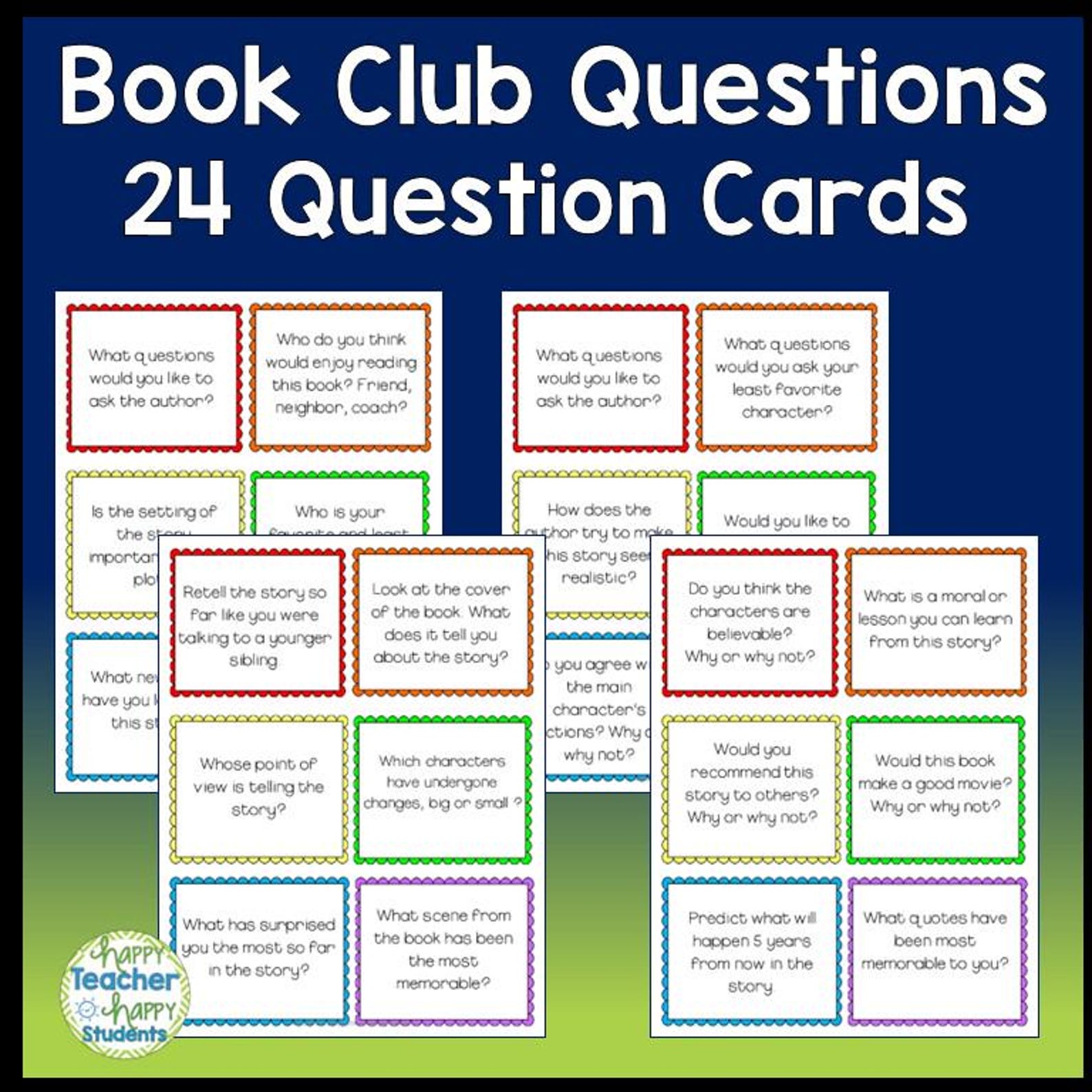 Printable Book Club Question Cards: 24 Book Club Discussion Questions ...